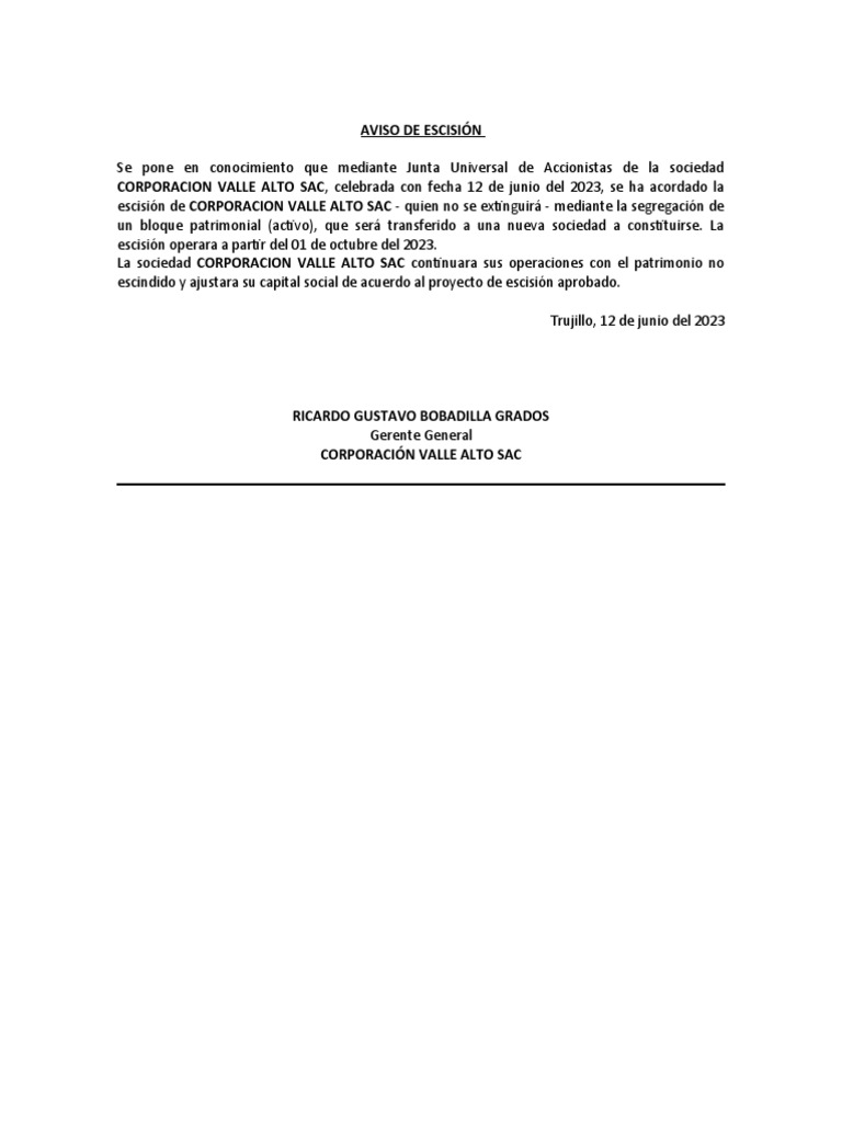 Aviso de Escision | PDF