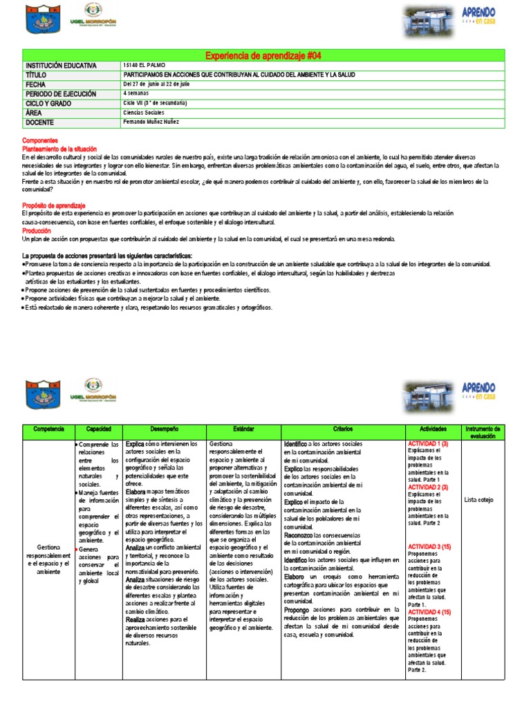 Experiencia De Aprendizaje 4 De Cc Ss 4 Grado Pdf Aprendizaje