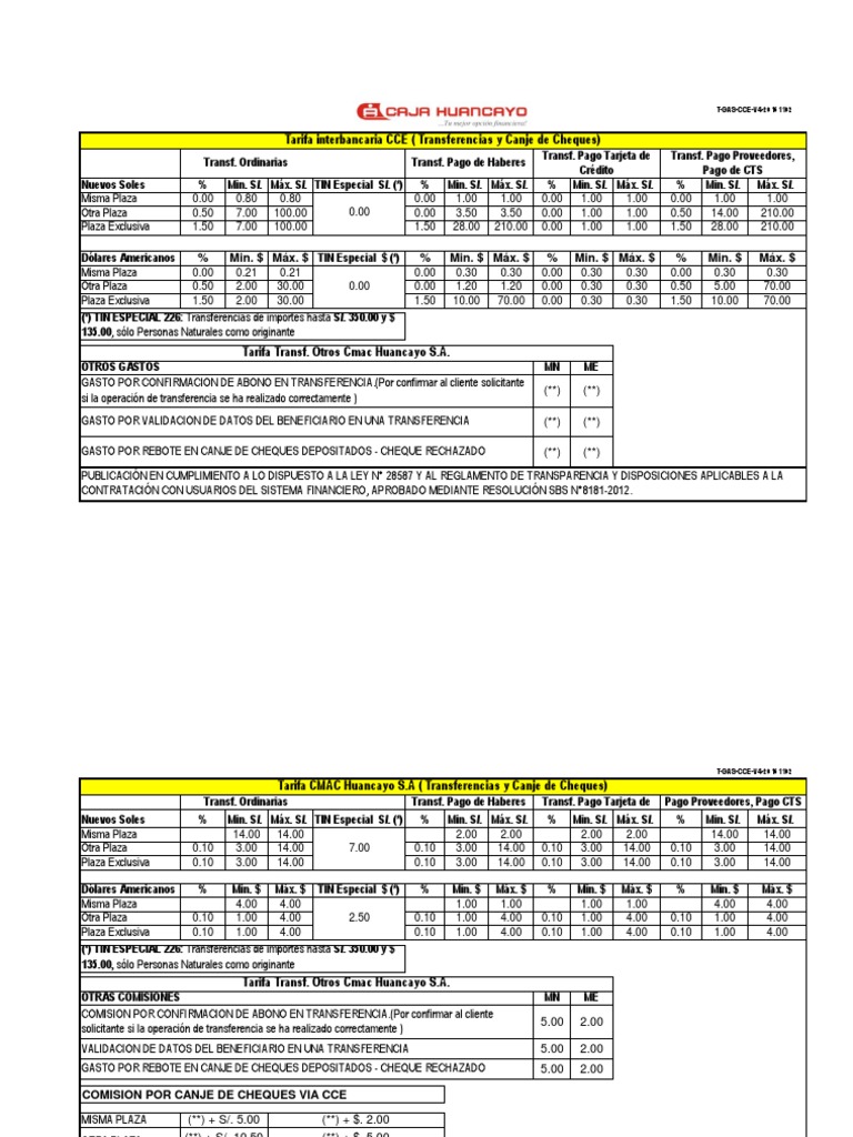 Tarifario V4 de Com y Gas CCE 20161102 - 1 | PDF | Bancario | Servicios ...