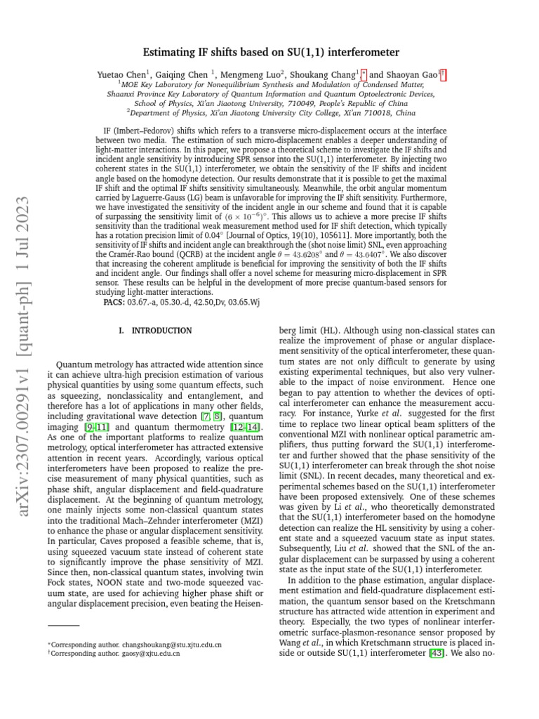Estimating IF Shifts Based On SU (1,1) Interferometer: PACS: 03.67.-A, 05.30.-d, 42.50, DV, 03. ...