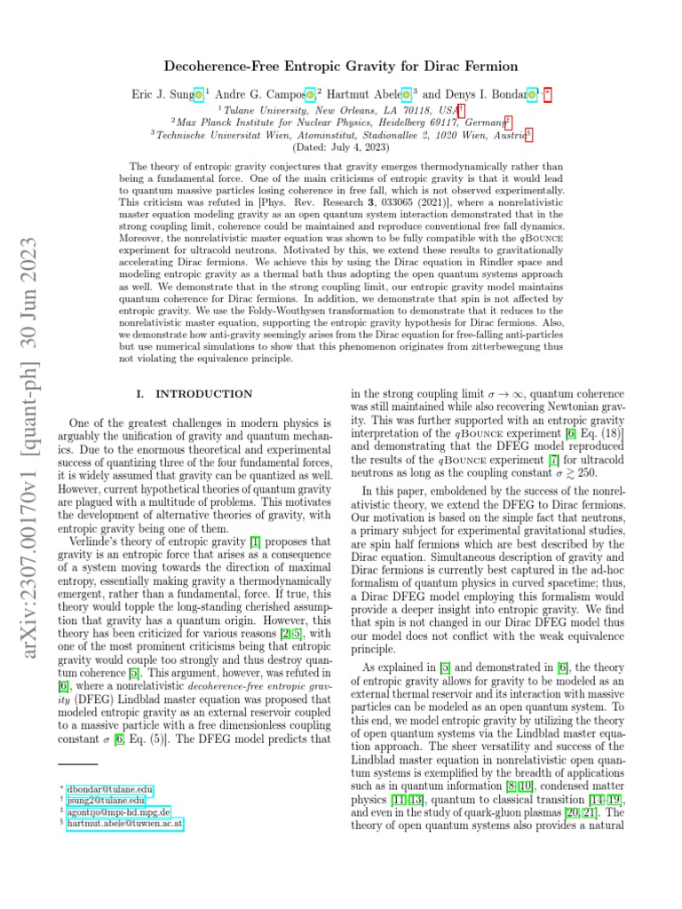 Decoherence-Free Entropic Gravity For Dirac Fermion | PDF | Gravity | Quantum Mechanics
