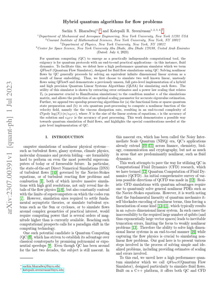 Hybrid Quantum Algorithms For Flow Problems: Sachin - Bharadwaj@nyu - Edu Katepalli ...