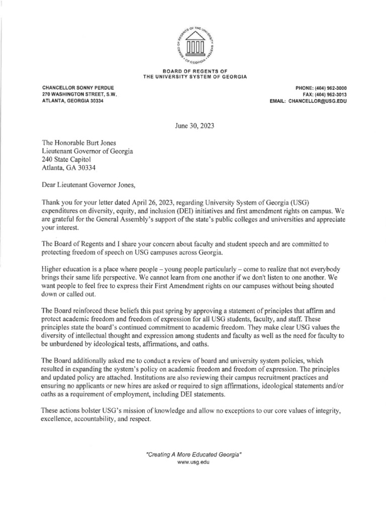 USG Chancellor Sonny Perdue Letter To Lt. Gov. Burt Jones | PDF