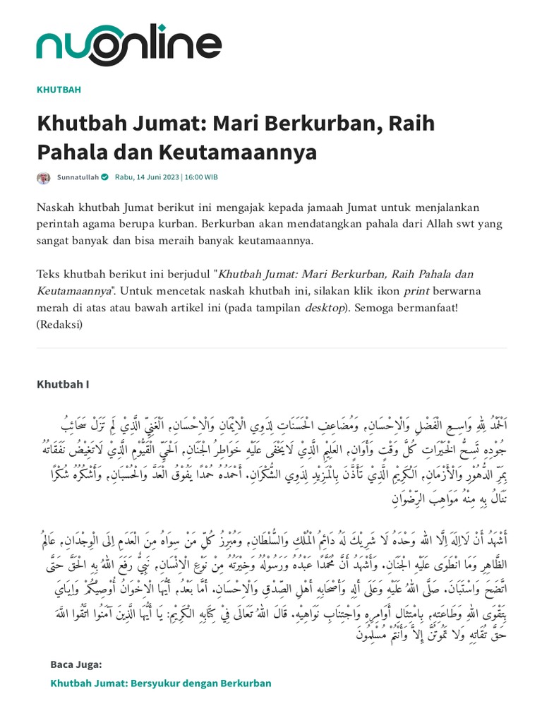 Khutbah Jumat - Mari Berkurban, Raih Pahala Dan Keutamaannya - NU ...