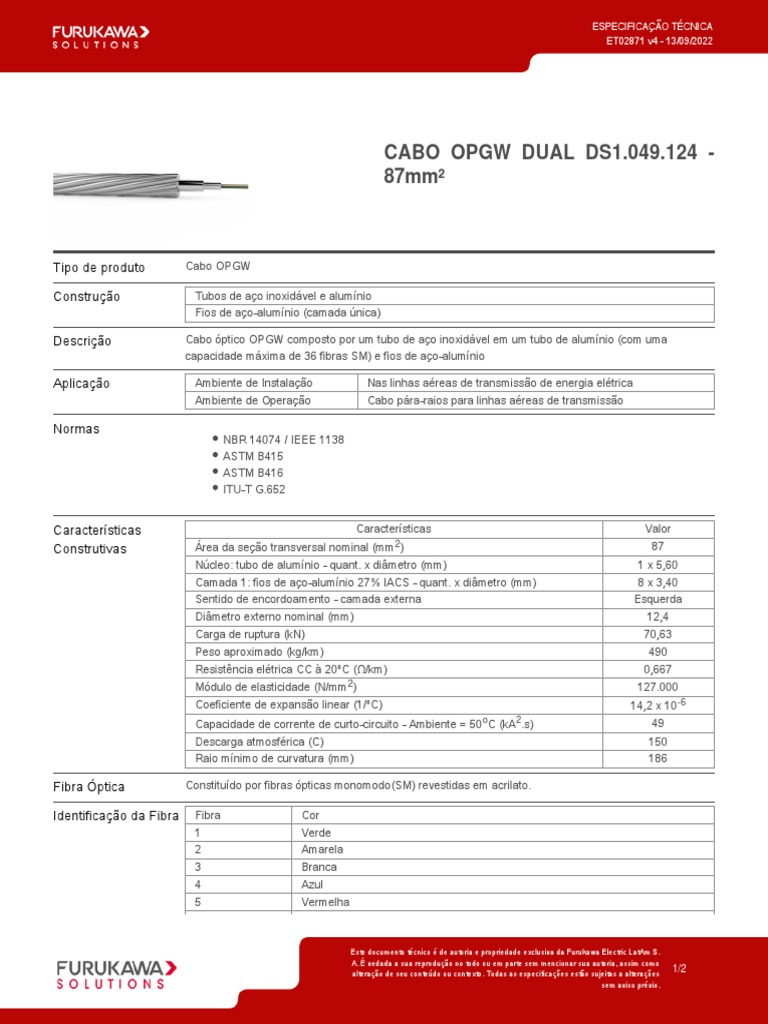 Cabo Opgw Dual ds1049124 - 87mm2 | PDF | Fibra ótica | Engenharia Civil