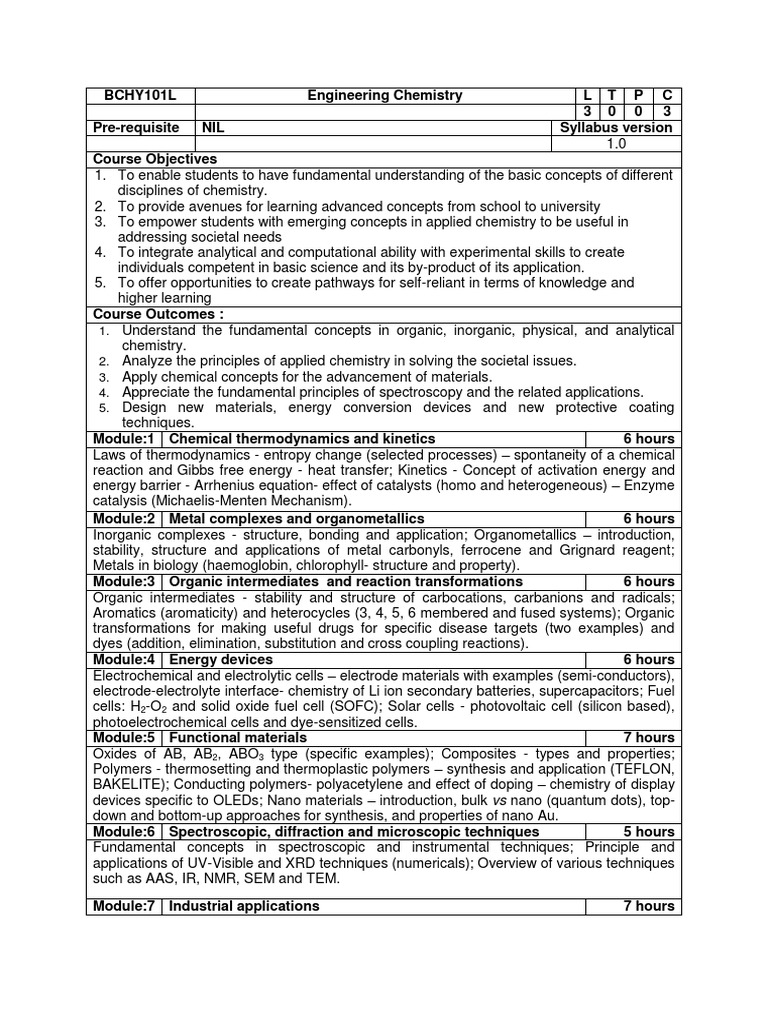 Engineering Chemistry Course Syllabus | PDF | Chemistry ...