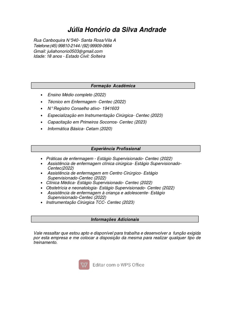 Currículo Júlia Honório PDF | PDF