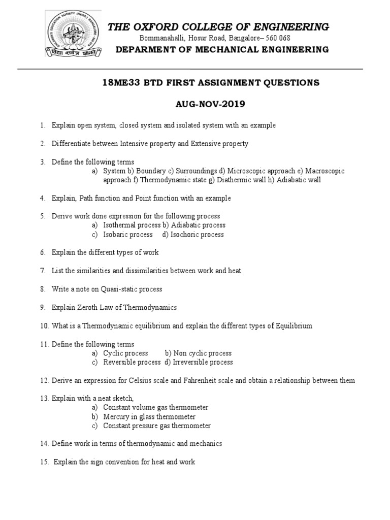 Basic Thermo Dynamics First Module Important Questions | PDF
