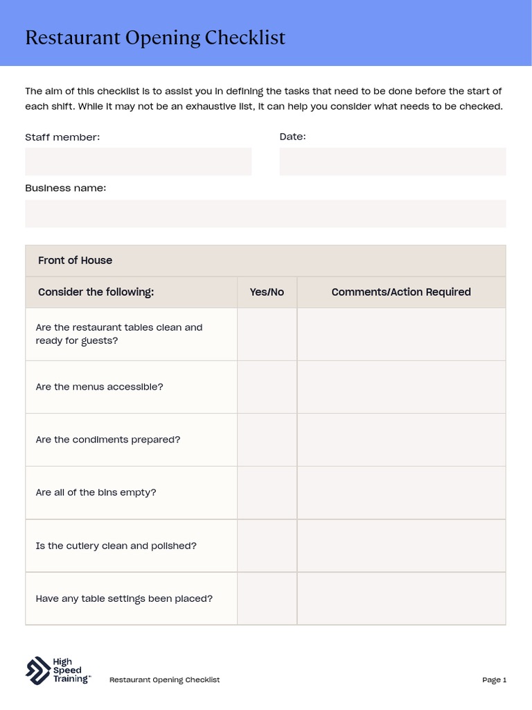 Restaurant Opening Checklist | PDF | Menu | Restaurants