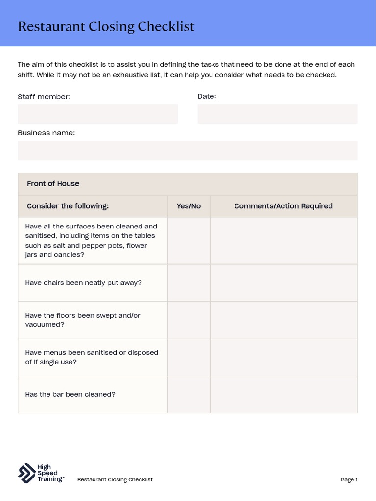 Restaurant Closing Checklist Template | PDF | Food And Drink ...