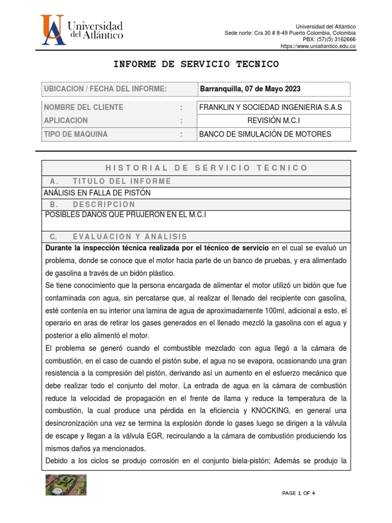Informe Técnico ANÁLISIS EN FALLA DE PISTÓN Calvo-Ortega-Wilches-Yepes ...