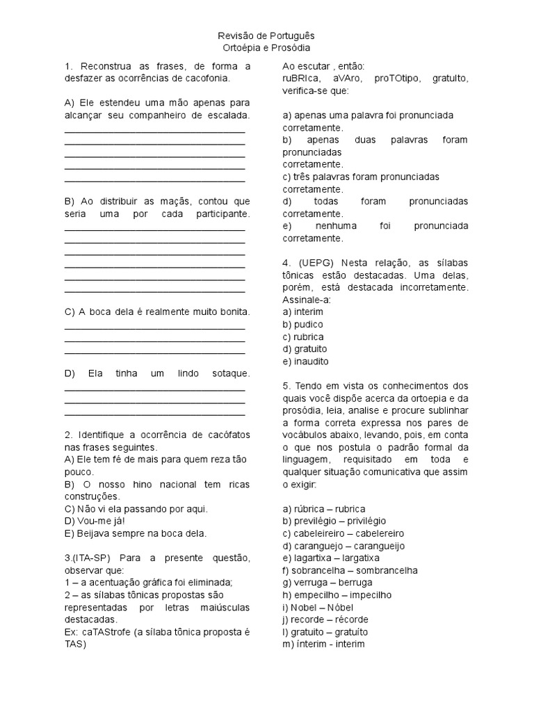 Revisão de Português (Ortoépia e Prosódia) | PDF | Linguística ...