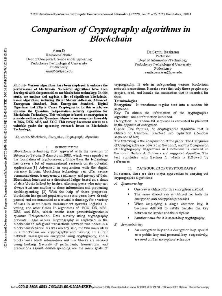 Comparison of Cryptography Algorithms in Blockchain | Download Free PDF | Cryptography | Encryption