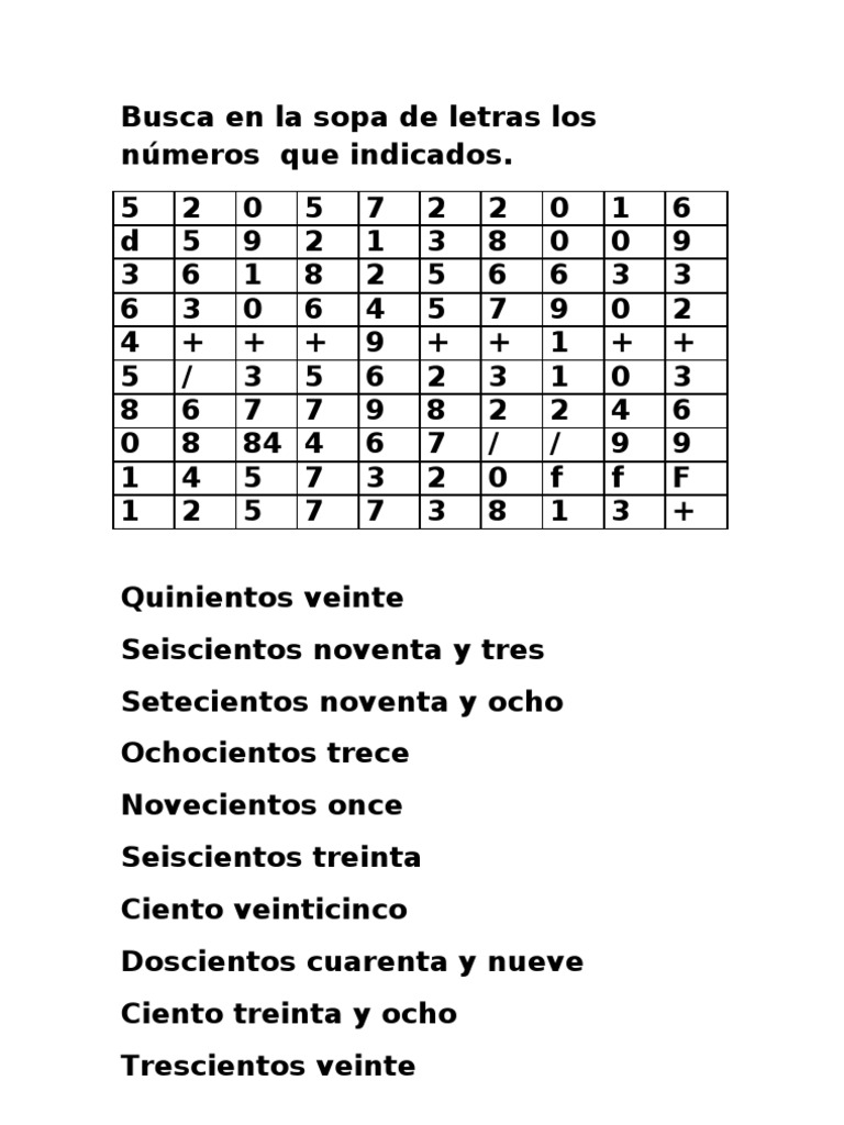 Busca en La Sopa de Letras Los Números Que Indicados | PDF