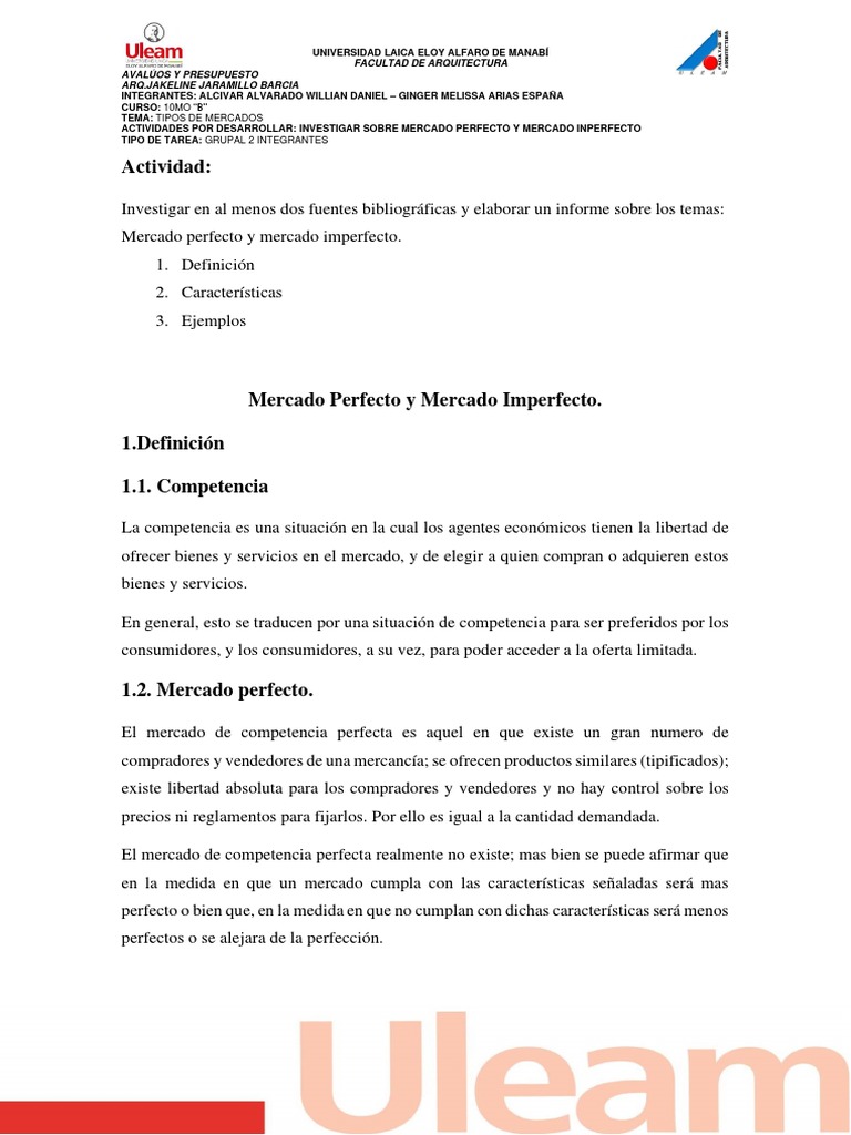 Mercado Perfecto e Imperfecto: Análisis | PDF | Mercado (economía ...