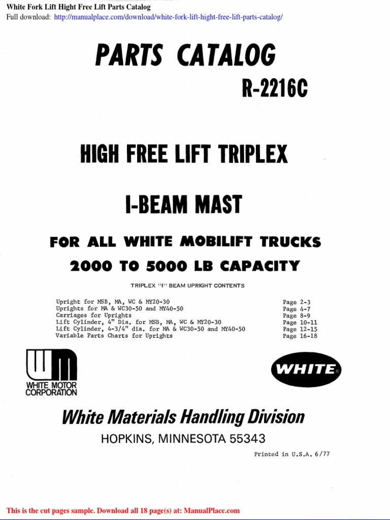 White Fork Lift Hight Free Lift Parts Catalog | PDF