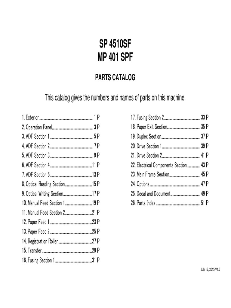 SP 4510SF MP 401 SPF: This Catalog Gives The Numbers and Names of Parts On This Machine | PDF ...