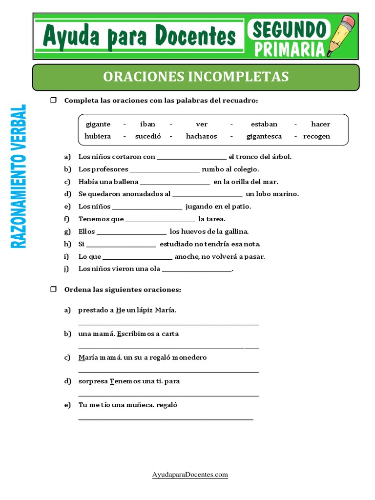 Fichas de oraciones incompletas 2° grado | PDF | Comida y bebida
