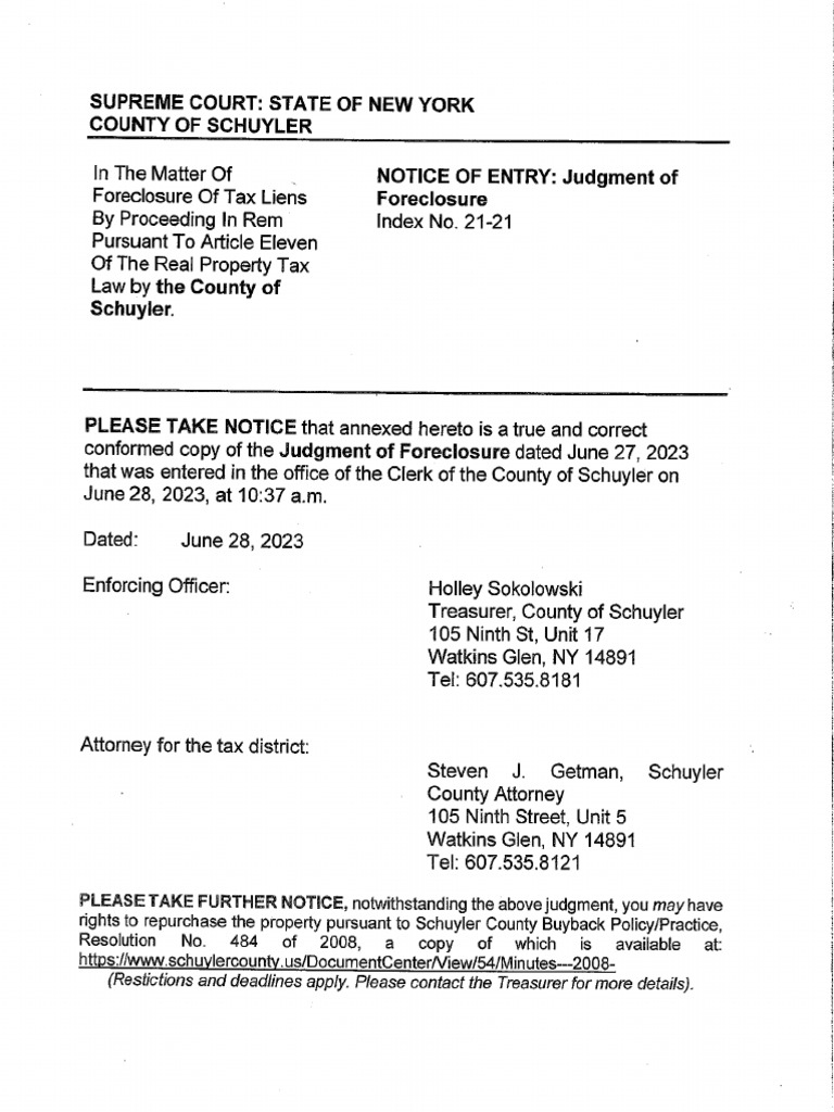 Notice of Entry. Judgment of Foreclosure. Index No. 21-21 | PDF
