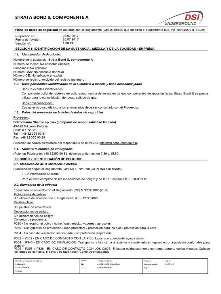 MSDS - Strata Bond S Comp A - 260717 - EN - Es | PDF | Residuos | Agua