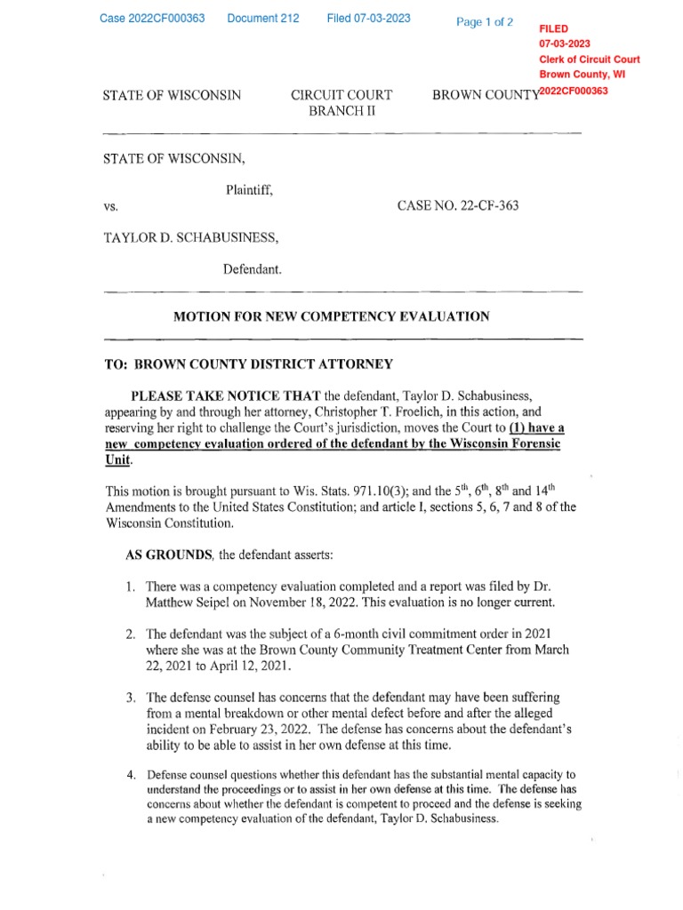 Schabusiness Motion For New Competency Evaluation | PDF | Wisconsin ...