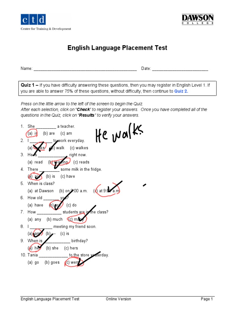 English Language Placement Test | Download Free PDF | Quiz