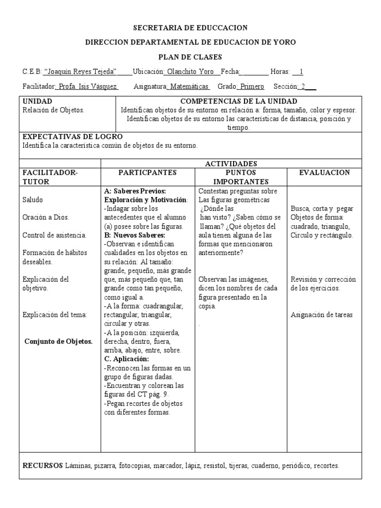 Plan de Clases Matematicas Primero | PDF