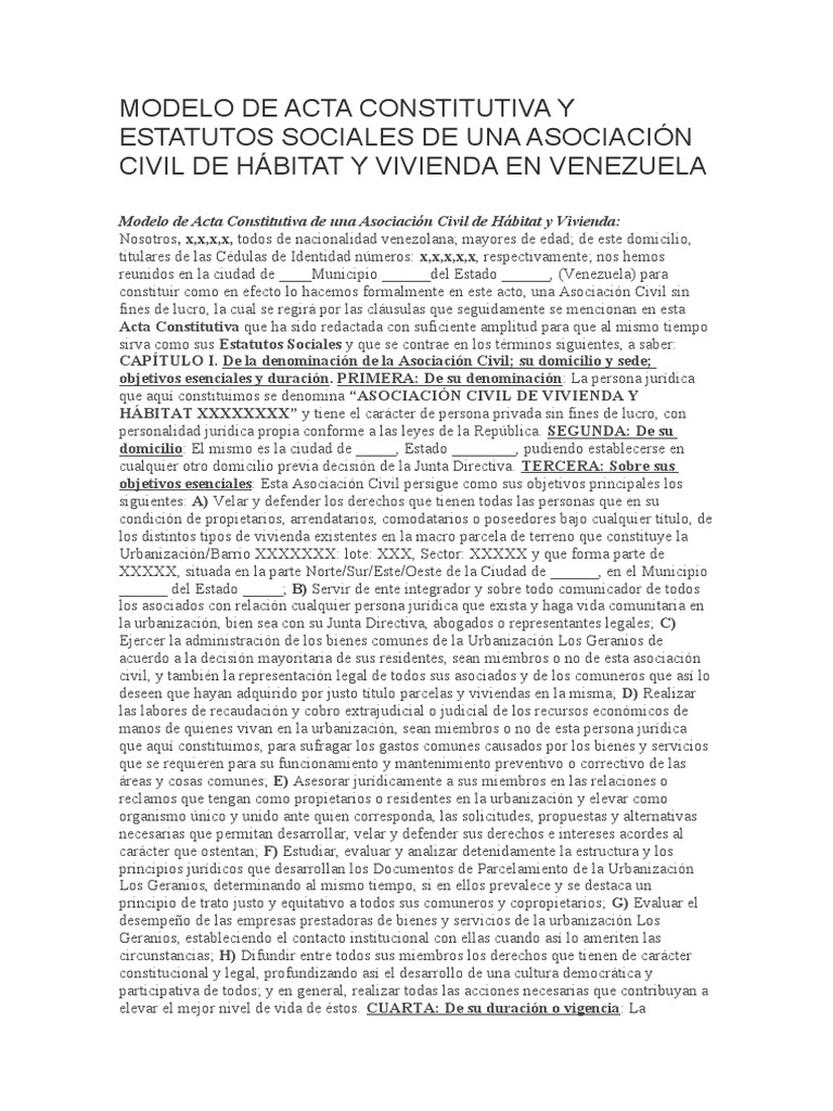 MODELO DE ACTA CONSTITUTIVA Y ESTATUTOS SOCIALES DE UNA ASOCIACIÓN CIVIL DE HÁBITAT Y VIVIENDA ...
