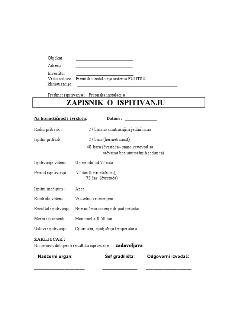 Zapisnik o Ispitivanju Instalacije | PDF