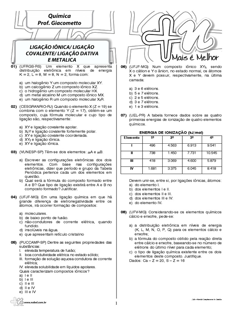 Alista 05 - Ligacao Ionica - Ligacao Covalente - Ligacao Dativa e ...