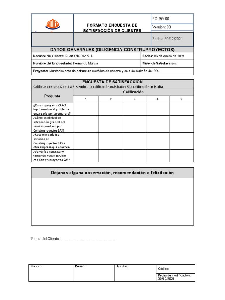 Formato de Encuesta de Satisfacción | PDF | Negocios