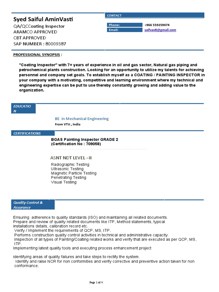 Coating Inspector Resume Overview | PDF | Paint | Quality Assurance
