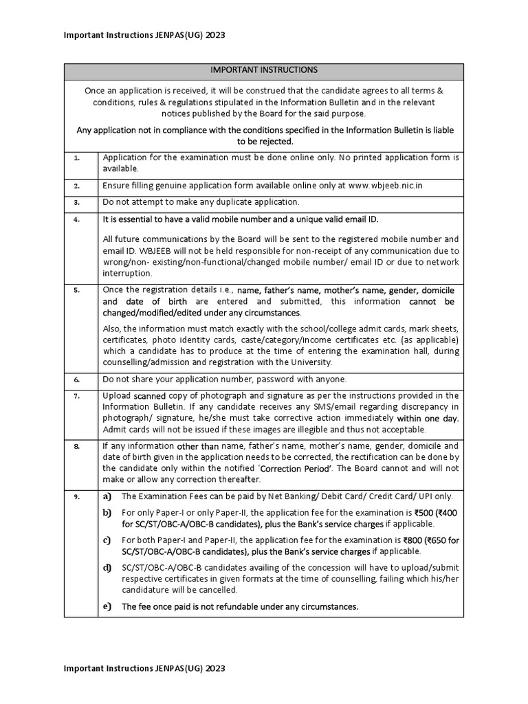 Important Instructions JENPAS (UG) 2023 | PDF | Fee | Banks