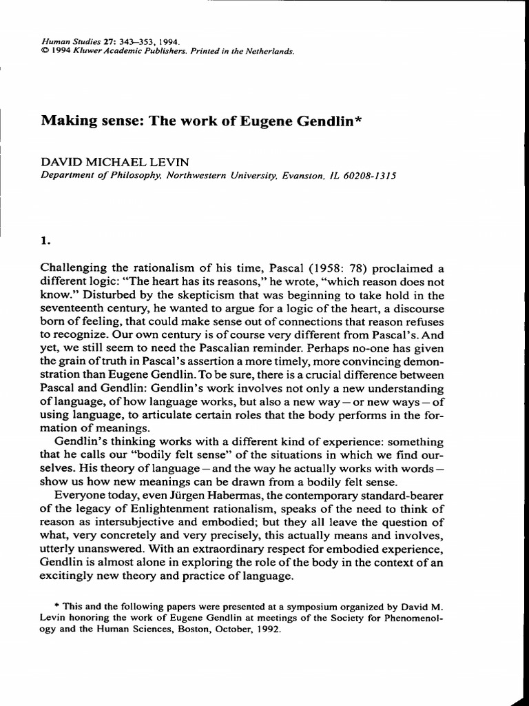 Making Sense - The Work of Eugene Gendlin. | PDF | Thought | Experience