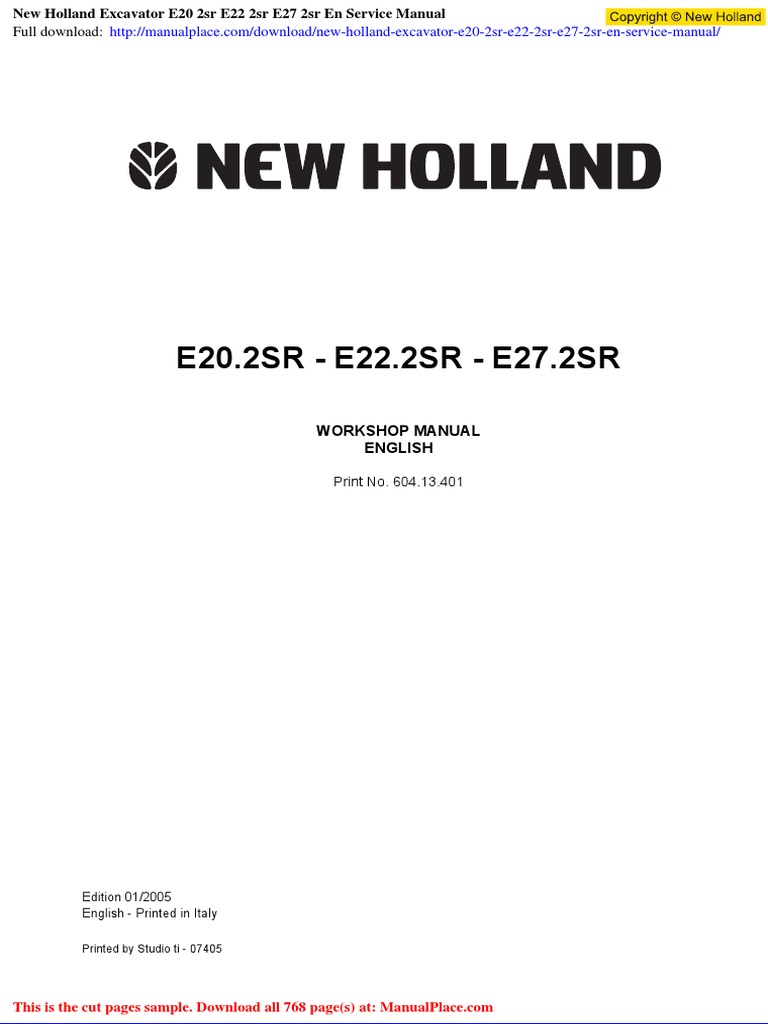 New Holland Excavator E20 2sr E22 2sr E27 2sr en Service Manual | PDF ...