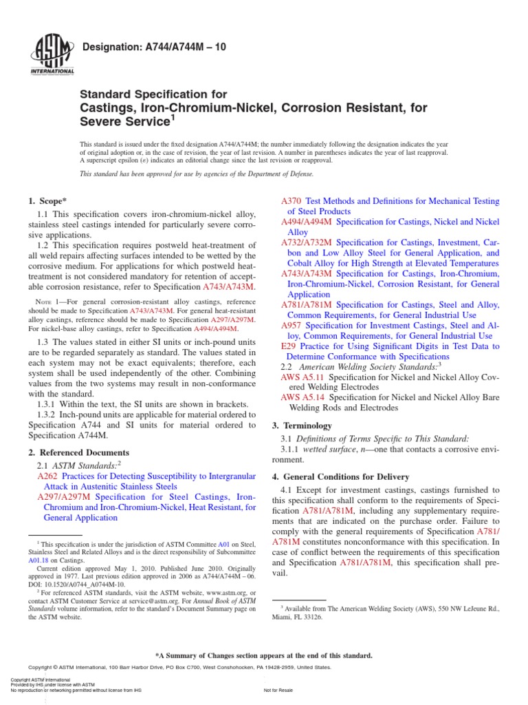 Astm A744-A744m 2010 | PDF | Heat Treating | Stainless Steel