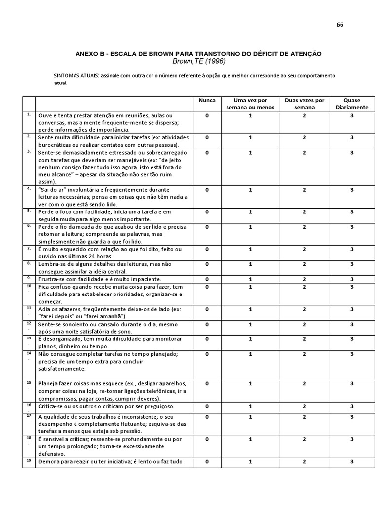 ESCALA DE BROWN PARA DEFICIT DE ATENÇÃO-desbloqueado | PDF | Distúrbio ...
