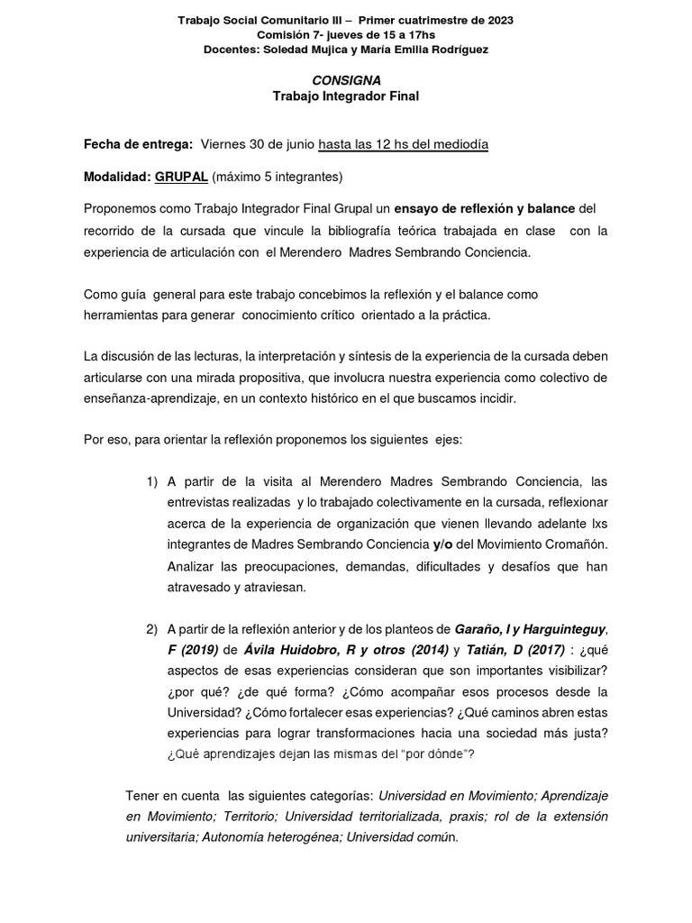 CONSIGNA Trabajo Integrador Final TSC III 1° 2023 | PDF