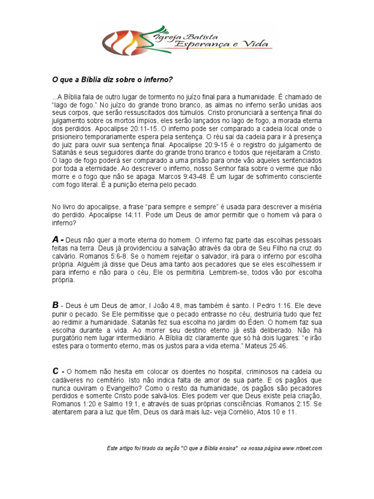 O Que A Biblia Diz Sobre o Inferno | PDF | Livro do Apocalipse | Pecado