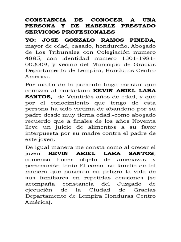 Constancia de Conocer A Una Persona y de Haberle Prestado Servicios ...