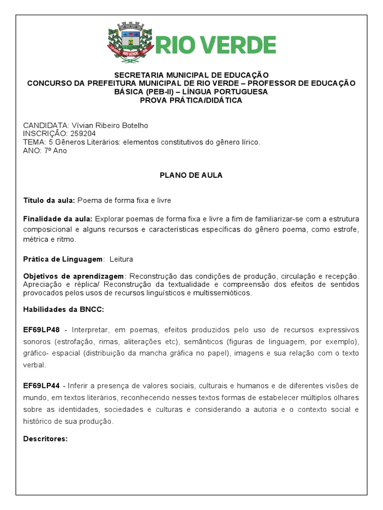 Plano de Aula Prova Prática Didática Vivian | PDF | Tempo | Poesia