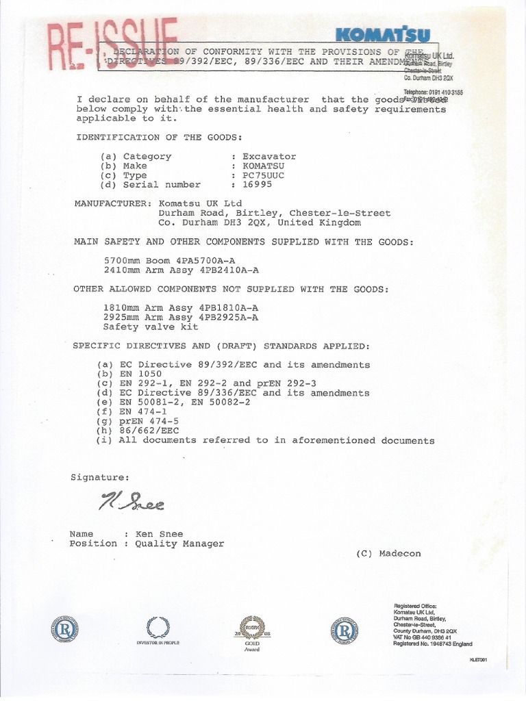Komatsu PC 75uu Certificado Cee | PDF