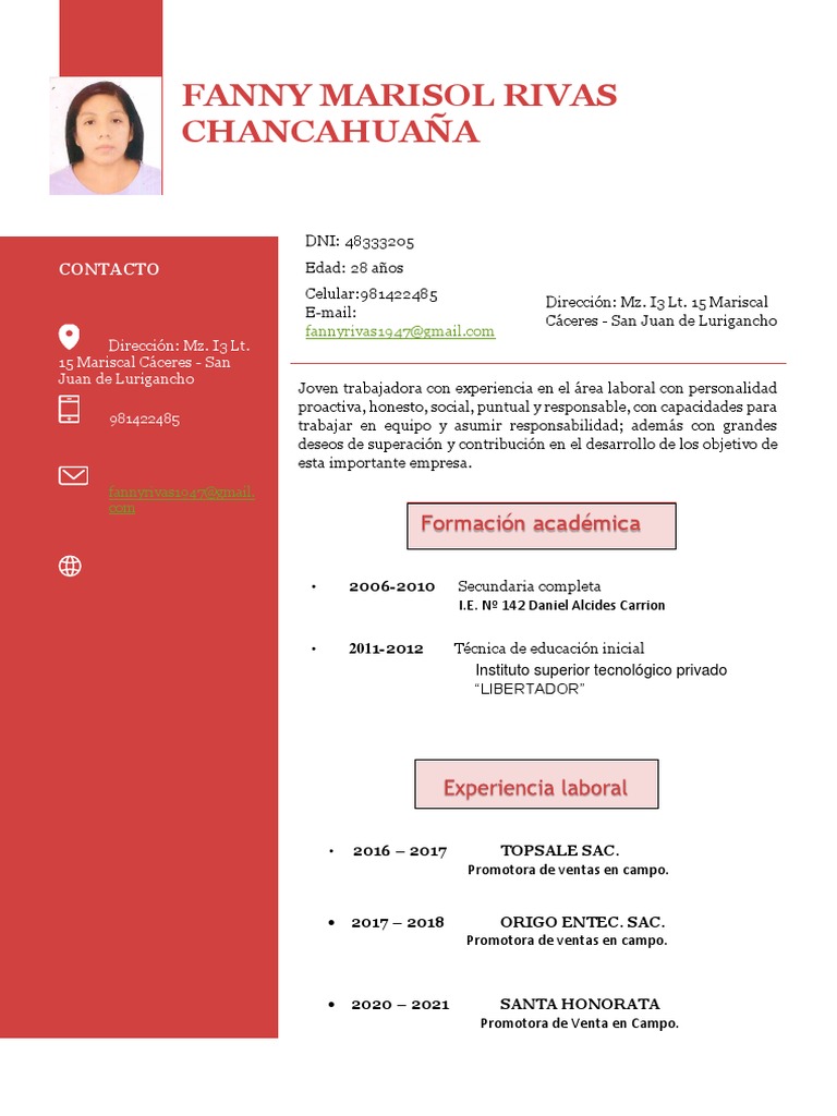 Fanny Marisol Rivas Chancahuaña: Formación Académica | PDF