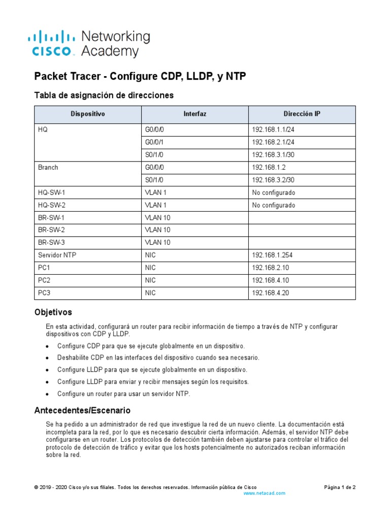 10.8.1 Packet Tracer - Configure CDP, LLDP, and NTP | PDF | Enrutador ...