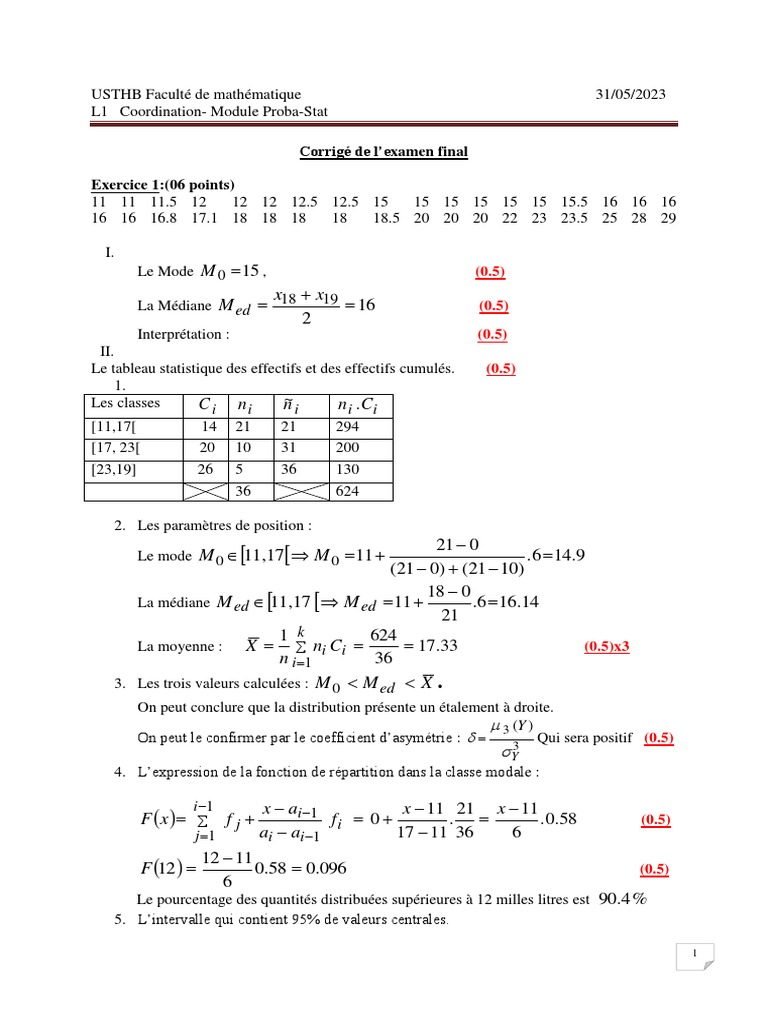 Corrigé Examen Proba-Stat L1 | PDF | Régression linéaire | Ajustement affine