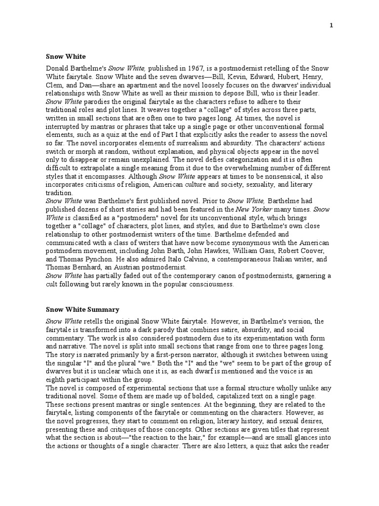 Donald Barthelme's Snow White Summary | PDF | Narration | Postmodernism