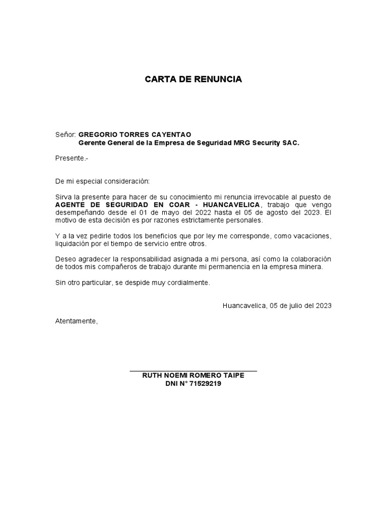 Carta de Renuncia | PDF | Finanzas y administración del dinero