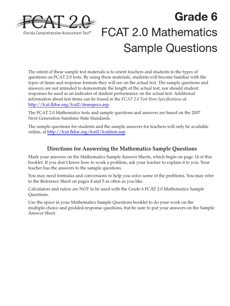 Grade 6 FCAT 2.0 Math Sample Guide | PDF | Area | Metrology