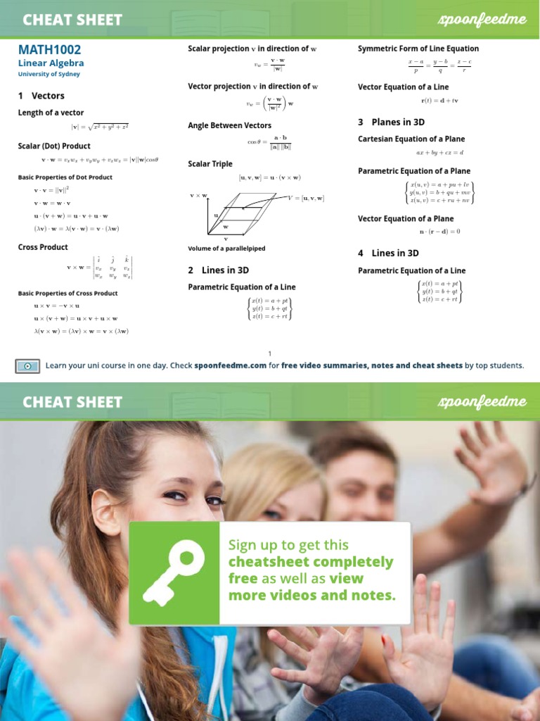MATH1002 Linear Algebra Cheatsheet | PDF | Plane (Geometry) | Euclidean ...