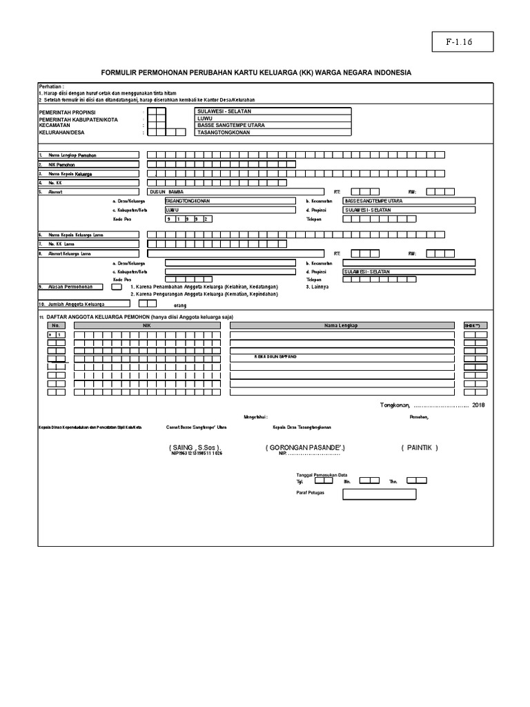 Formulir Permohonan Perubahan Kartu Keluarga (KK) Warga Negara Indonesia | PDF